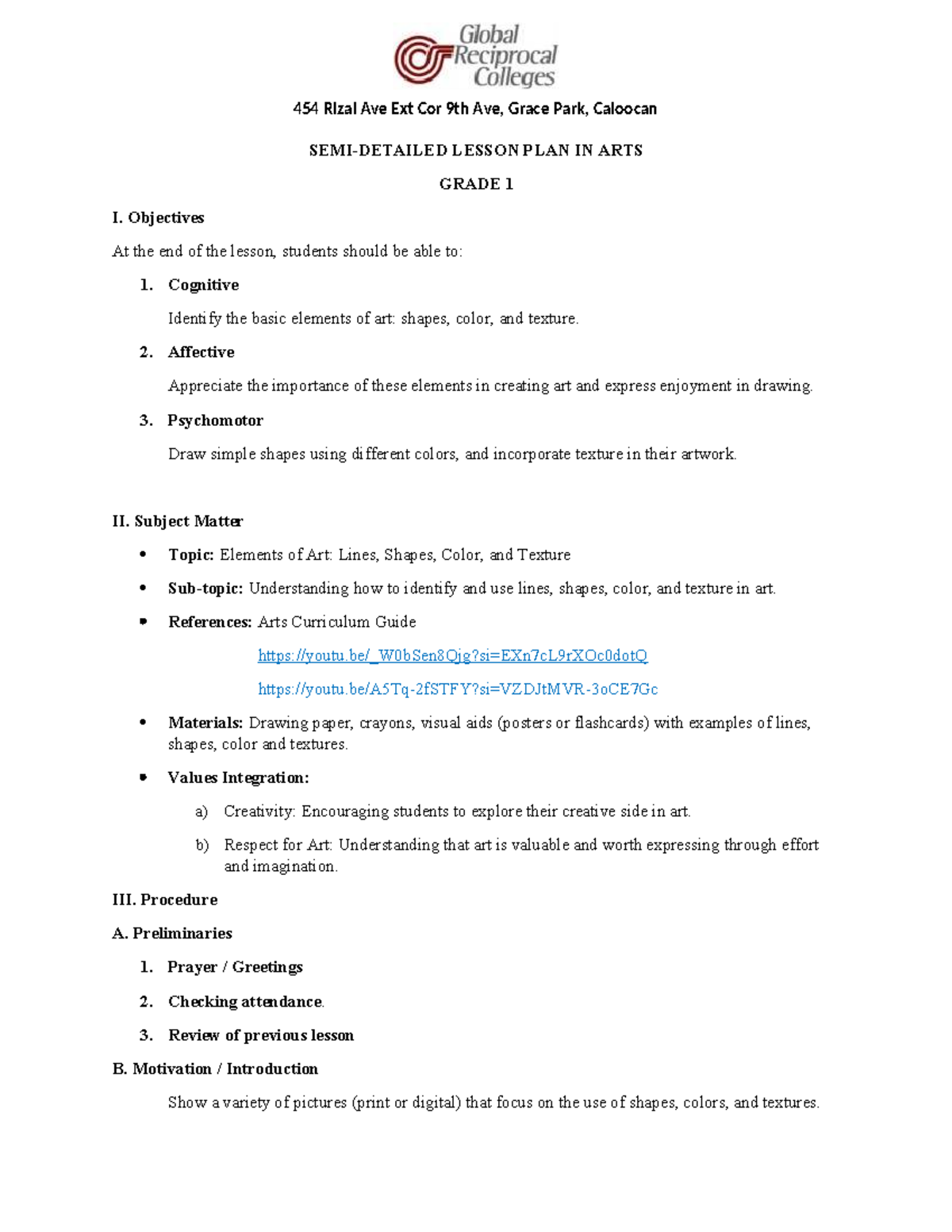 Grade 1 Arts Lesson Plan: Elements of Art (Shapes, Color, Texture ...