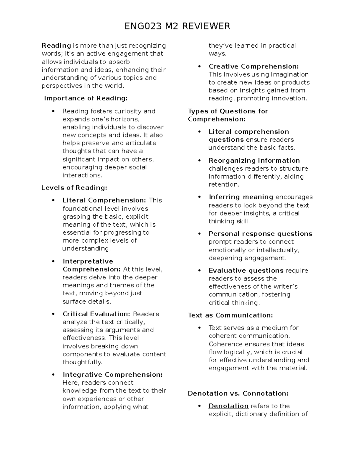 ENG023 M2 Reading and Comprehension Strategies Reviewer - Studocu