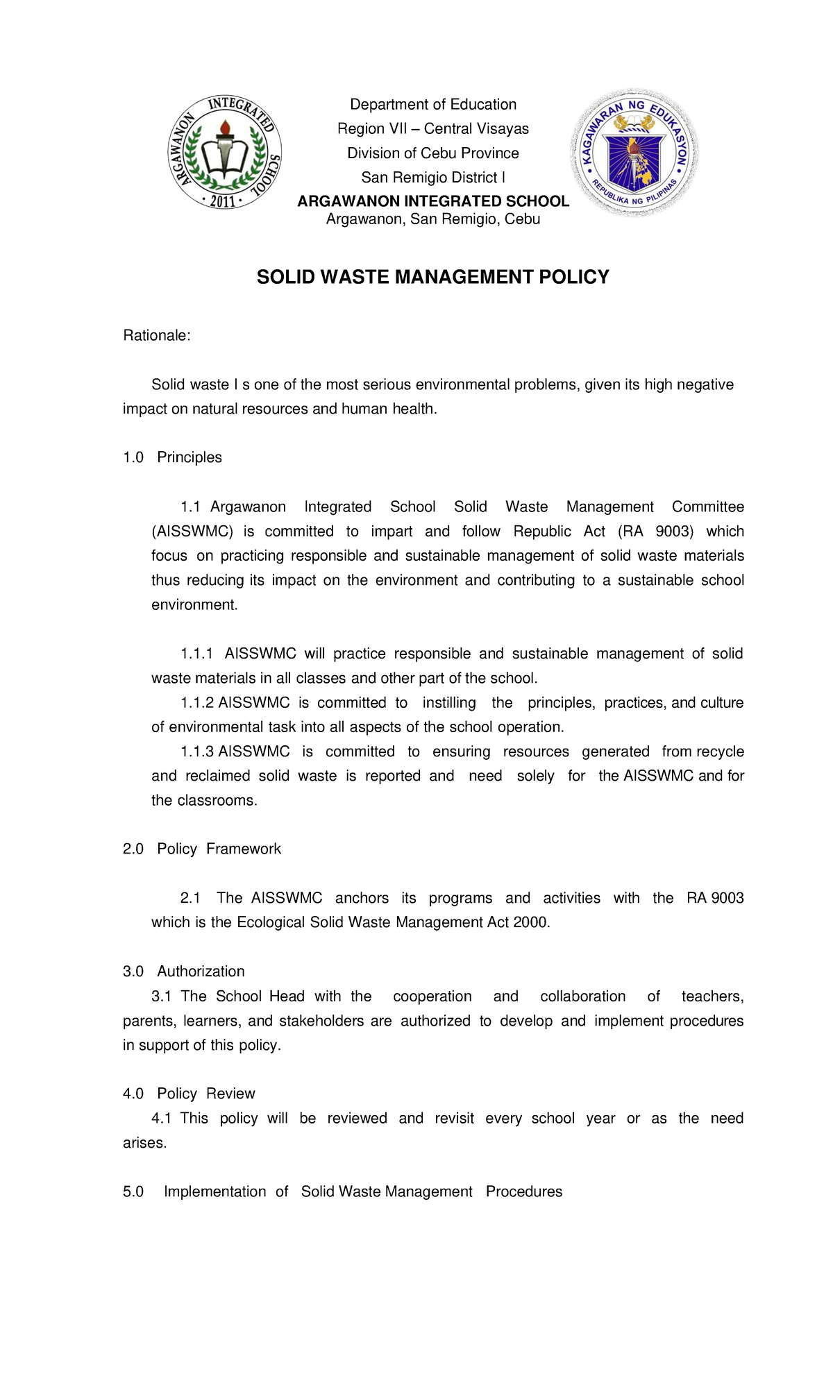 Solid Waste Management Policy - Department of Education Region VII ...