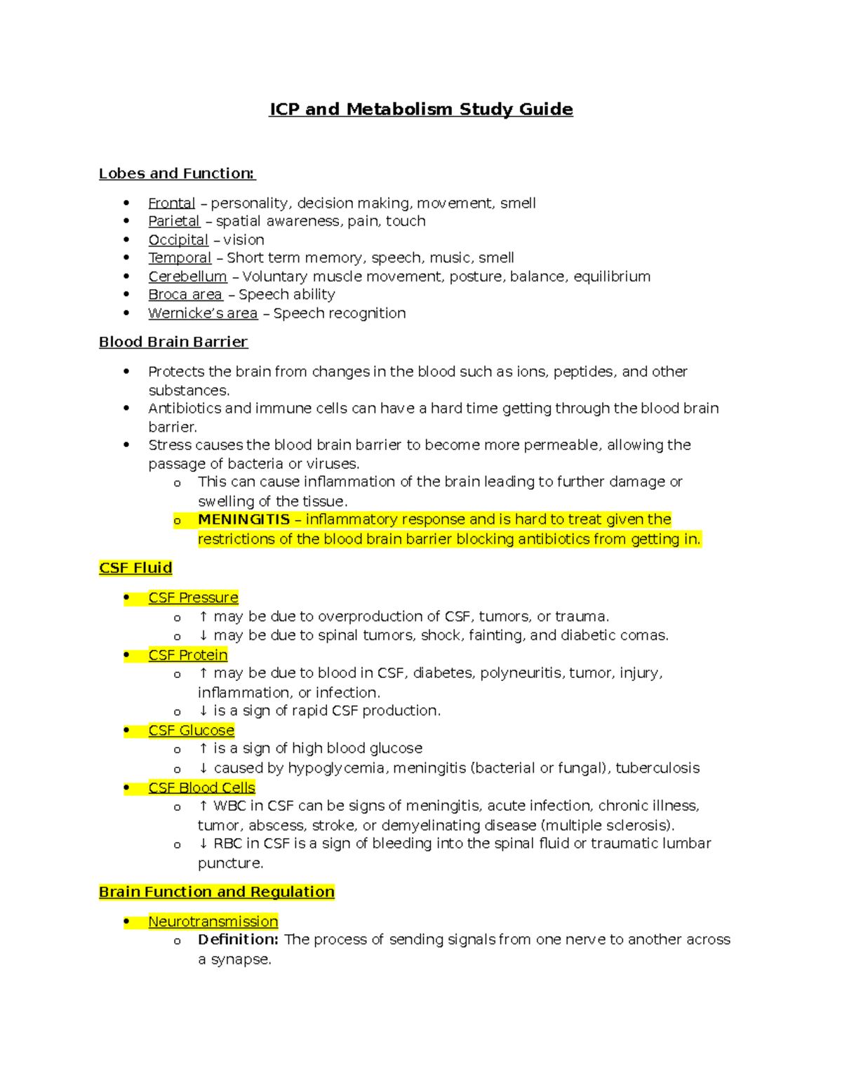 ICP and Metabolism Study Guide: Brain Functions and Regulation - Studocu
