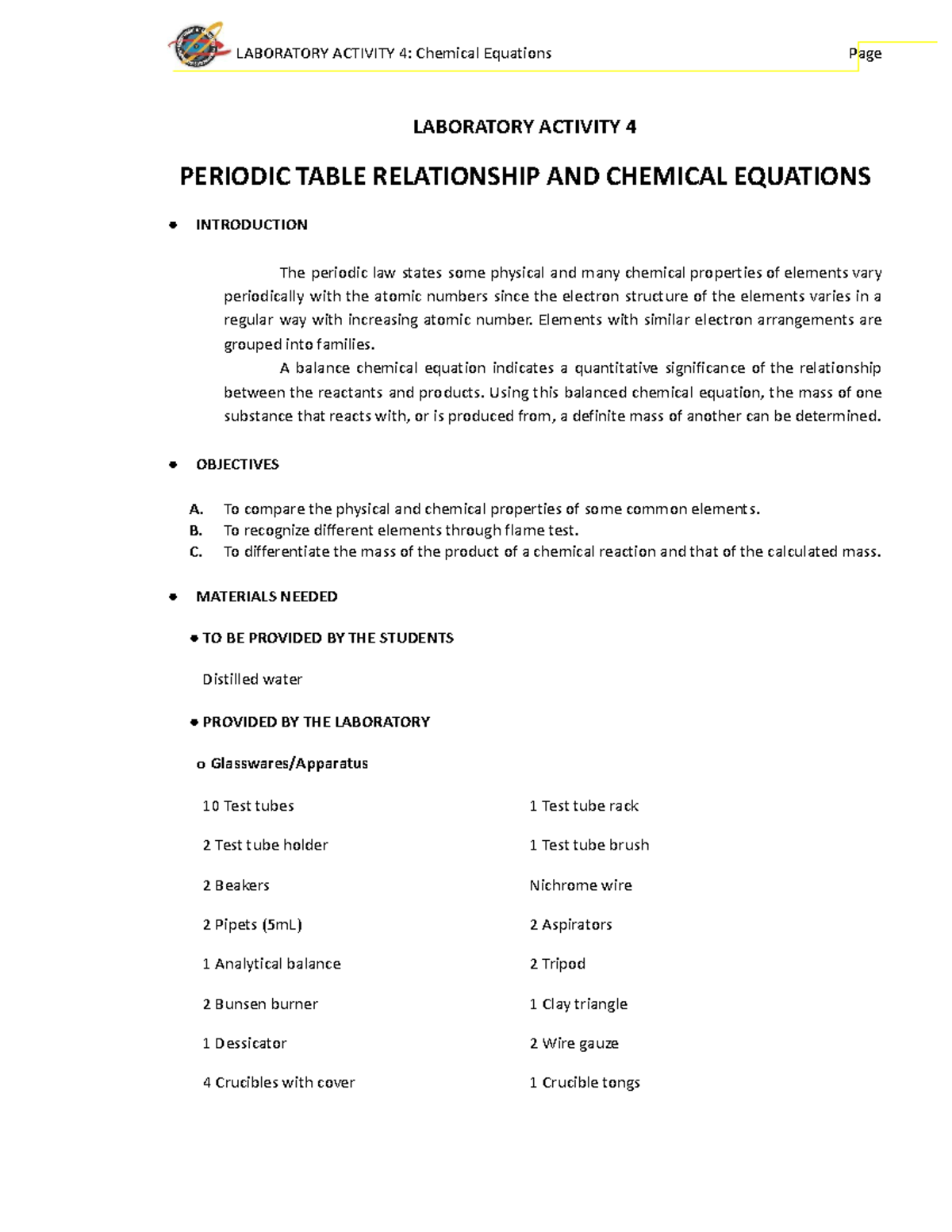 Chemistry Lab Manual Exp3 - Periodic Table and Reactions Activity - Studocu