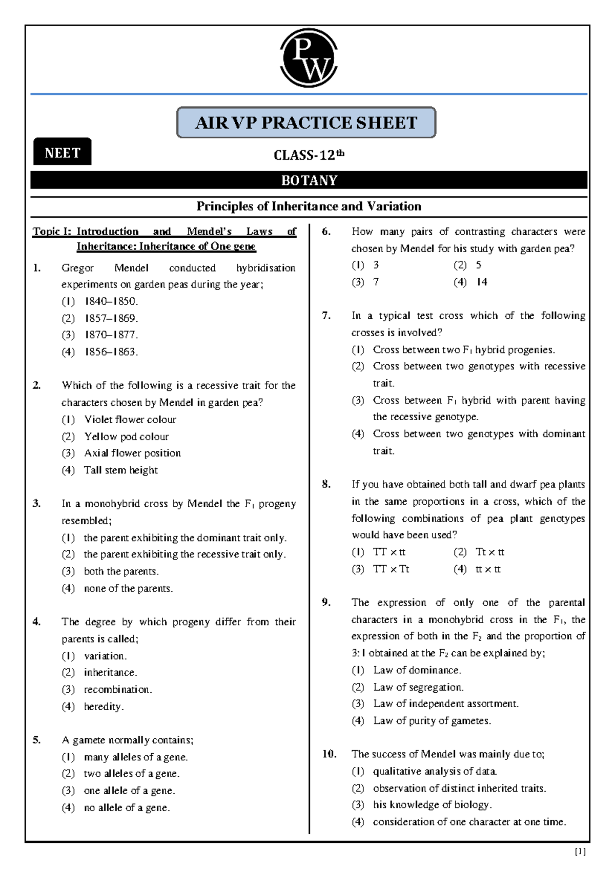 AIR VP PS Principles of Inheritance and Variation Botany NEET-(2025-26 ...