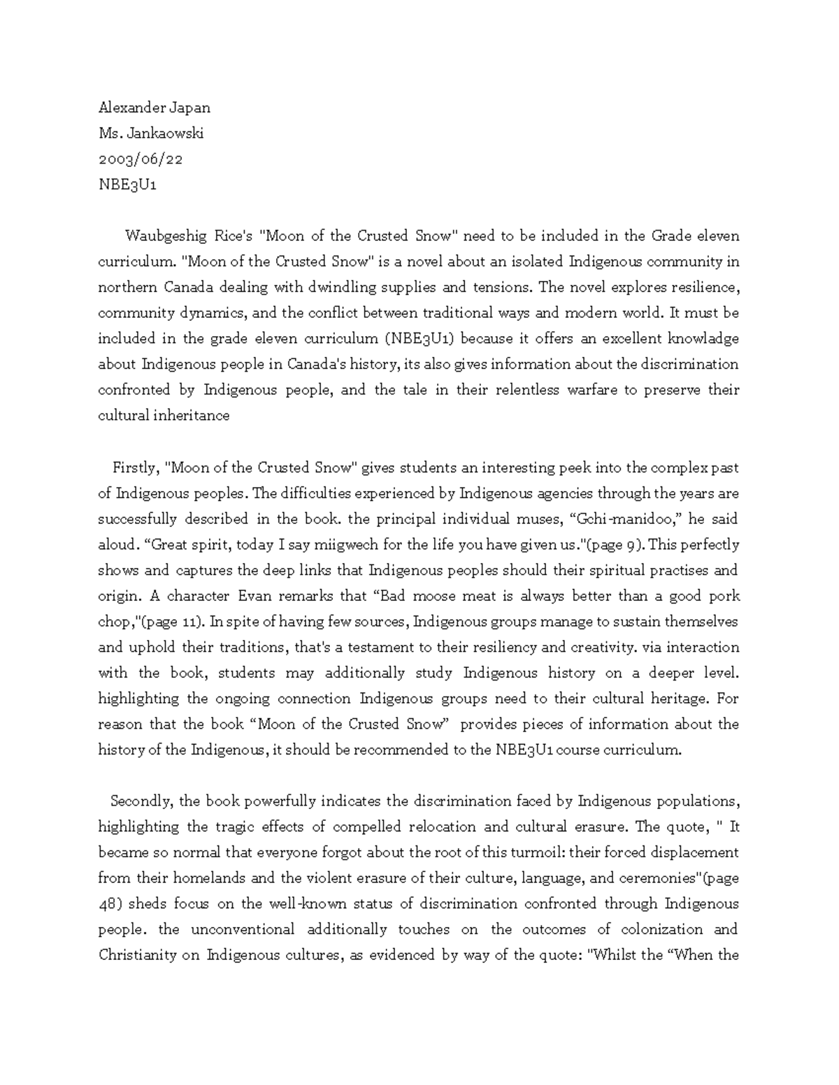 NBE3U1: Inclusion of "Moon of the Crusted Snow" in Grade 11 Curriculum ...