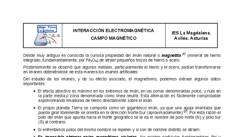 Campo Magnético - Física 2º Bachillerato IES La Magdalena - Studocu