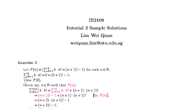 IE2108 Tutorial 2 Solutions: Induction and Series Exercises - Studocu