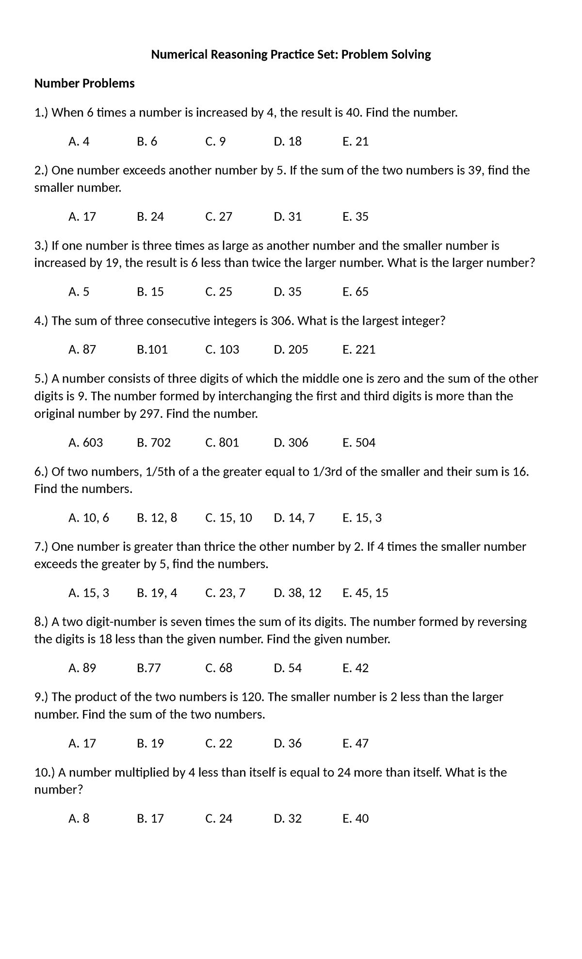 Numerical Reasoning Practice Set Problem Solving - ) When 6 times a ...