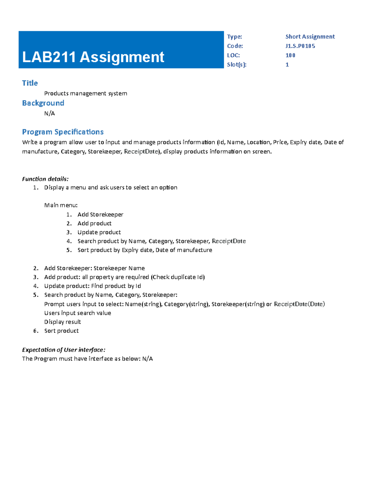 J1 - de lab - LAB211 Assignment Type: Short Assignment Code: J1.S LOC ...