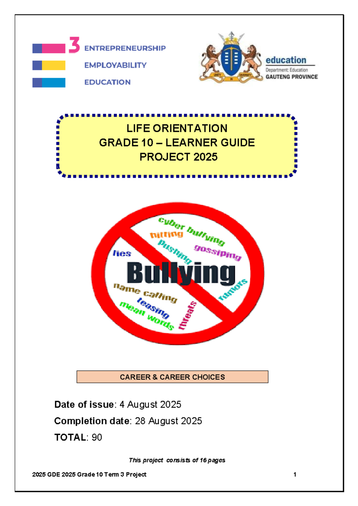 2025 GDE Grade 10 Life Orientation Term 3 Project: Career Choices Guide ...