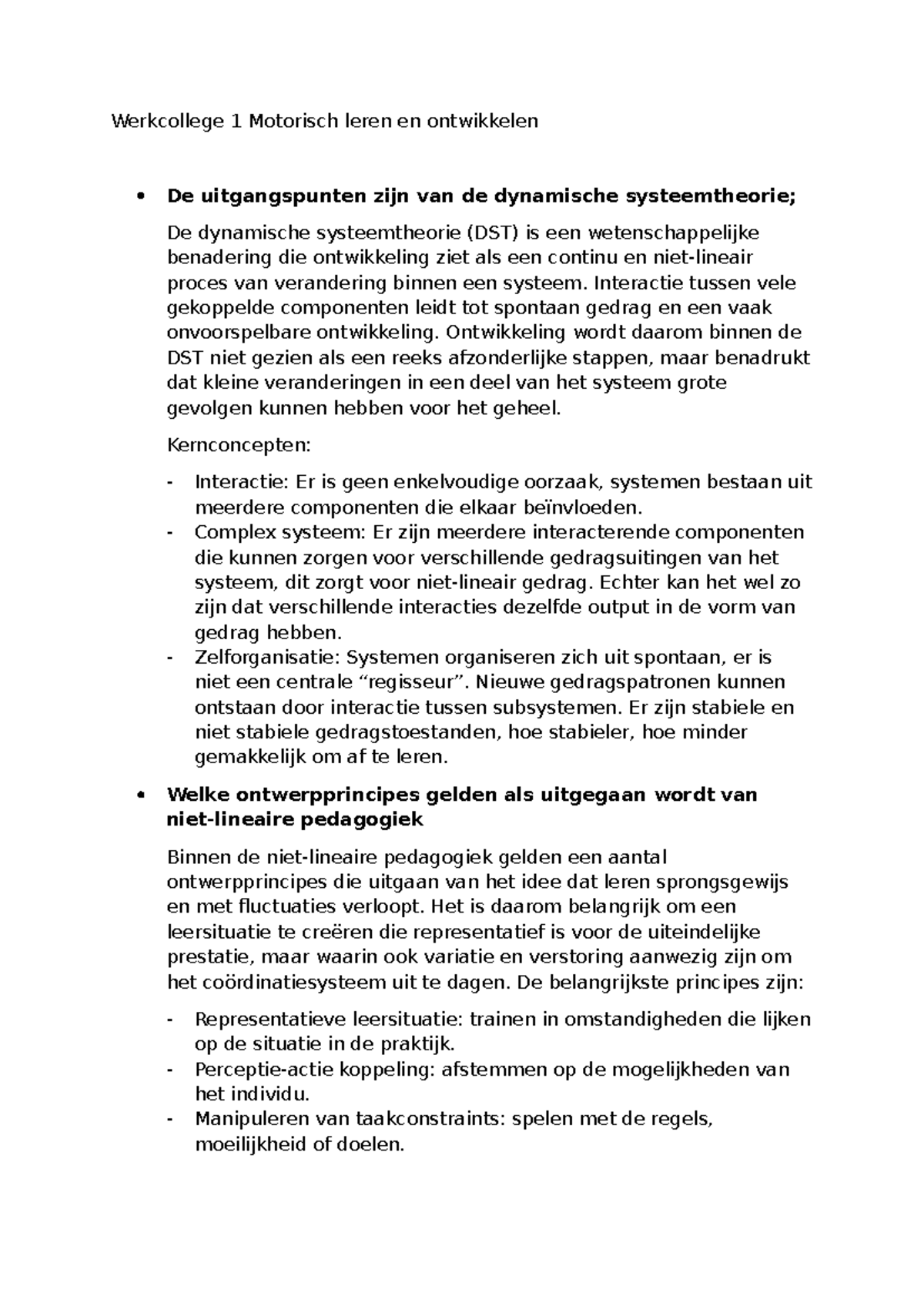 Werkcollege 1: Motorisch Leren en Ontwikkelen volgens DST - Studeersnel