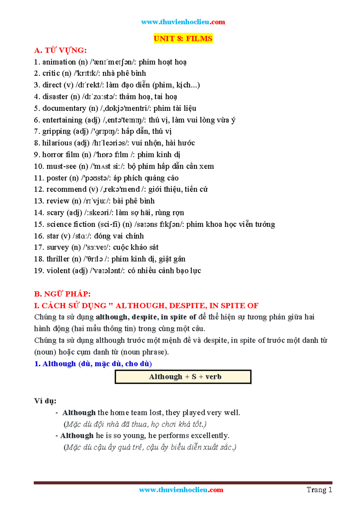 UNIT 8: FILMS - VOCABULARY AND GRAMMAR NOTES - Studocu