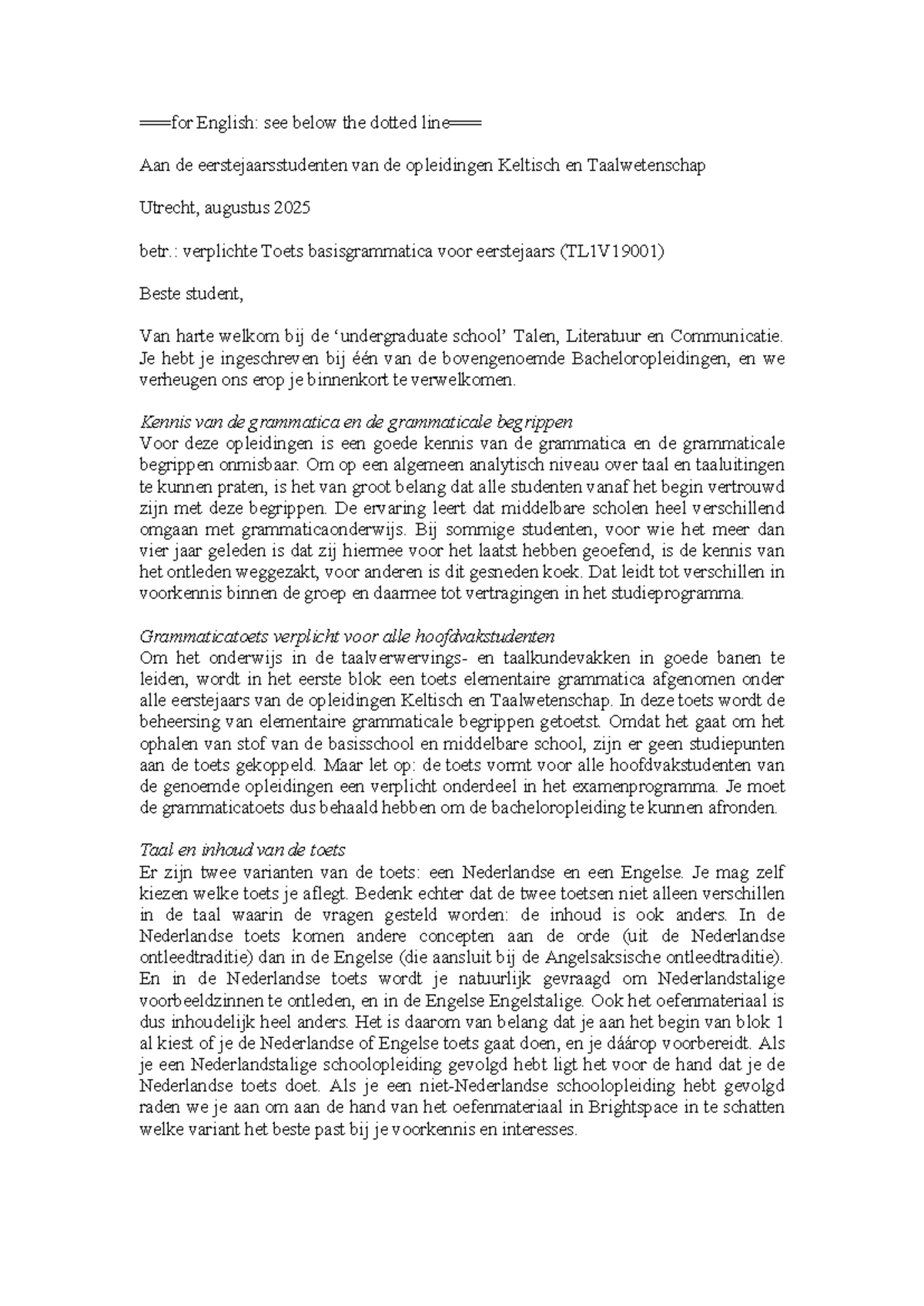 Introductiebrief Grammaticatoets voor TL1V19001 - Eerstejaars Studenten ...