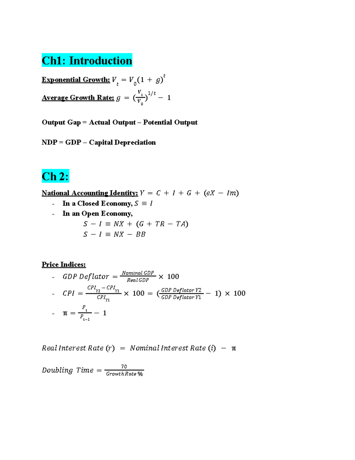 ECO2142 - Midterm 1 Formula Sheet: Key Concepts & Equations - Studocu