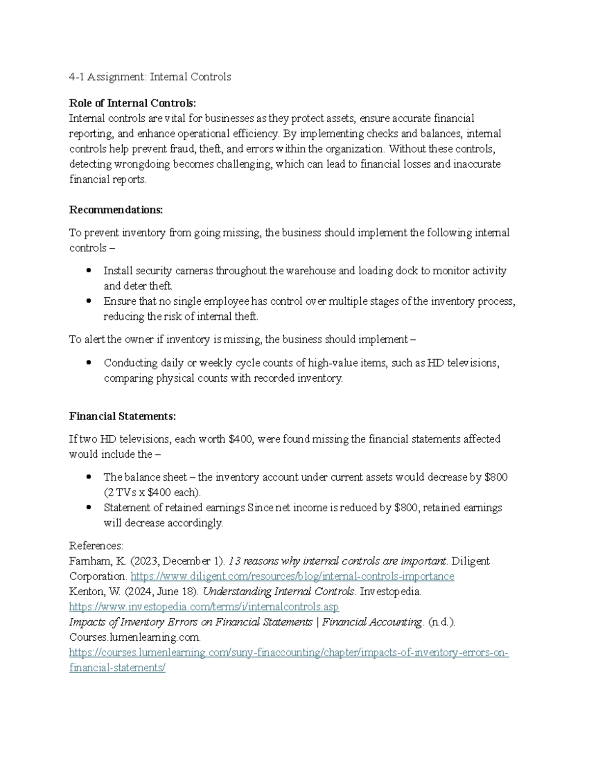 4 1 Assignment Internal Controls - 4-1 Assignment: Internal Controls Role of Internal Controls ...