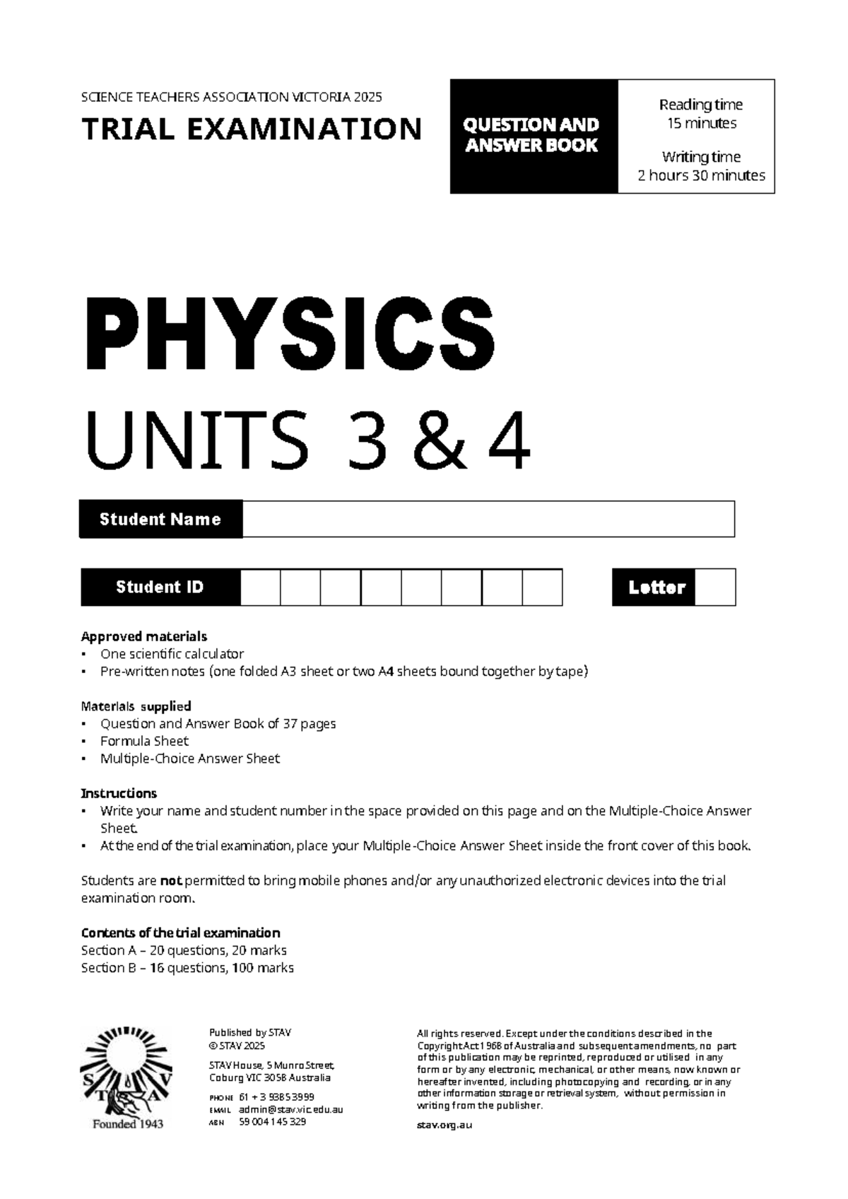 2025 STAV Physics Units 3 4 Trial Examination Practice Paper - Studocu