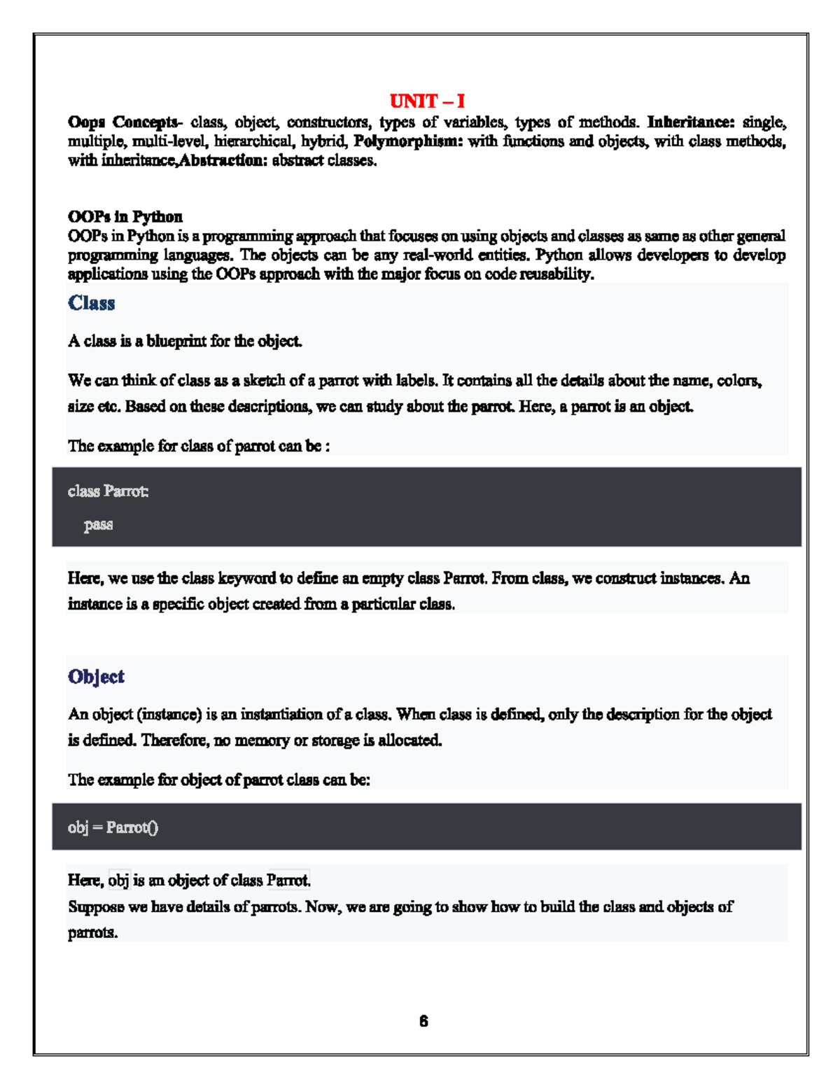 Unit I - OOP Concepts: Classes, Inheritance, Polymorphism in Python - Studocu