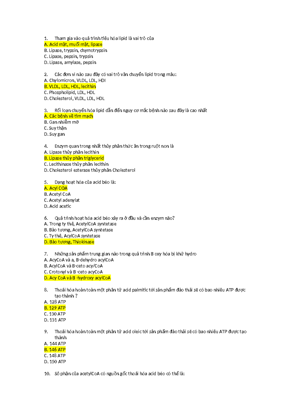 Chuyển hóa lipid trong đề thi 1: Các câu hỏi và đáp án - Studocu