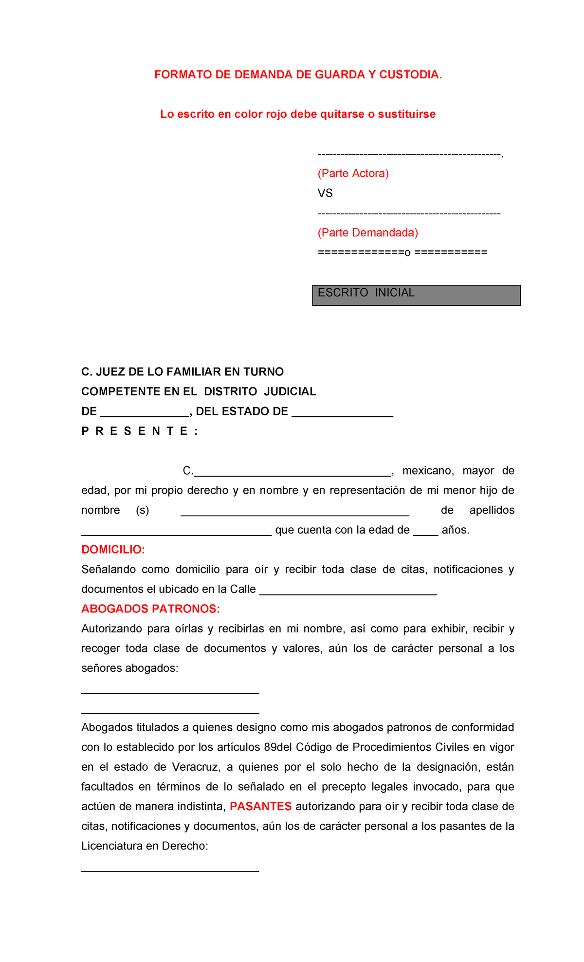 Demanda de Guarda y Custodia - F 15 Formato Legal y Procedimientos ...
