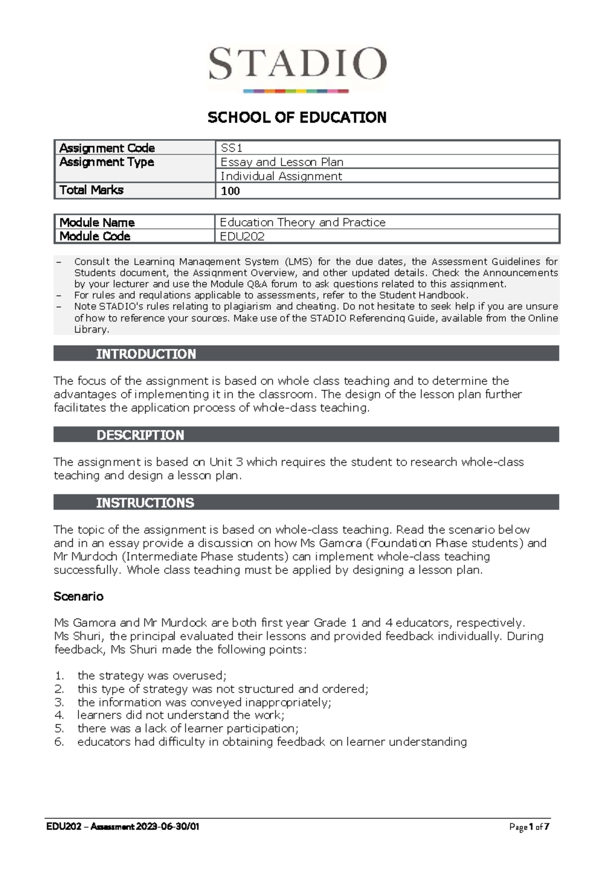 EDU202 SS1 Essay & Lesson Plan on Whole Class Teaching Strategies - Studocu