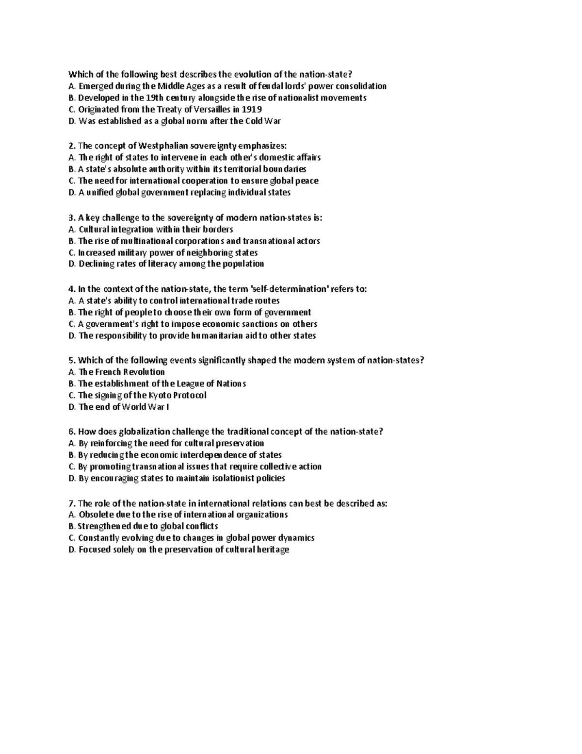 Sample MCQs on Westphalian Sovereignty & Globalization (POL 101) - Studocu