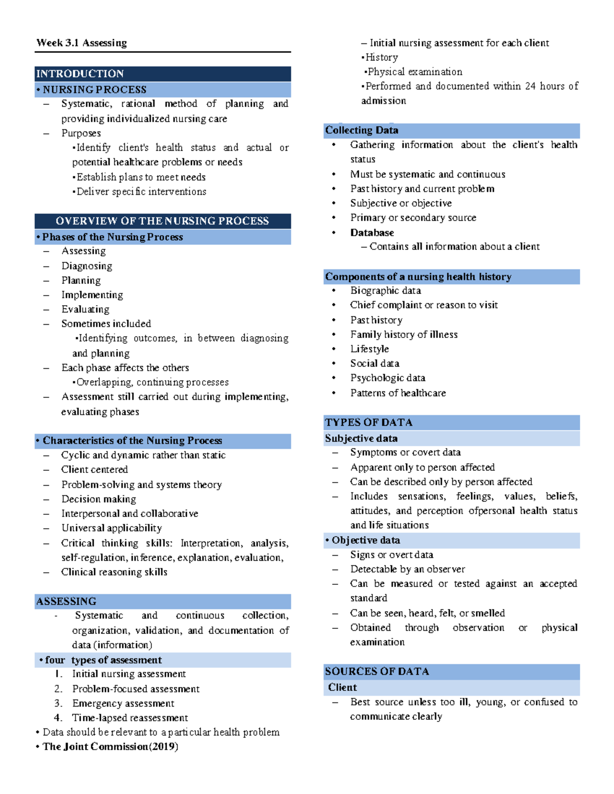 Funda Nursing Process Review - Week 3: Assessment, Diagnosis ...