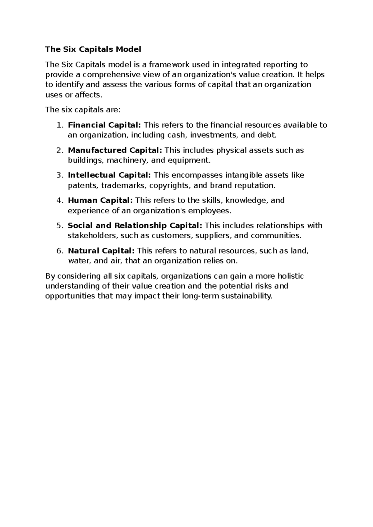 The Six Capitals Model: Understanding Value Creation Framework - Studocu