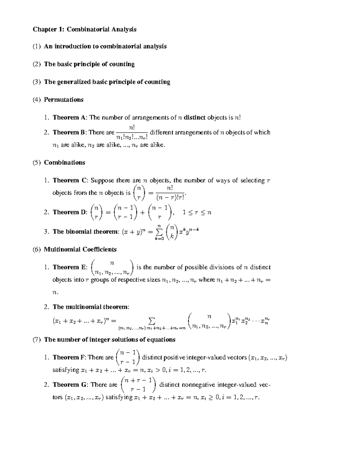 St2131 Week 1 Lecture Note - Chapter 1: Combinatorial Analysis (1) An ...
