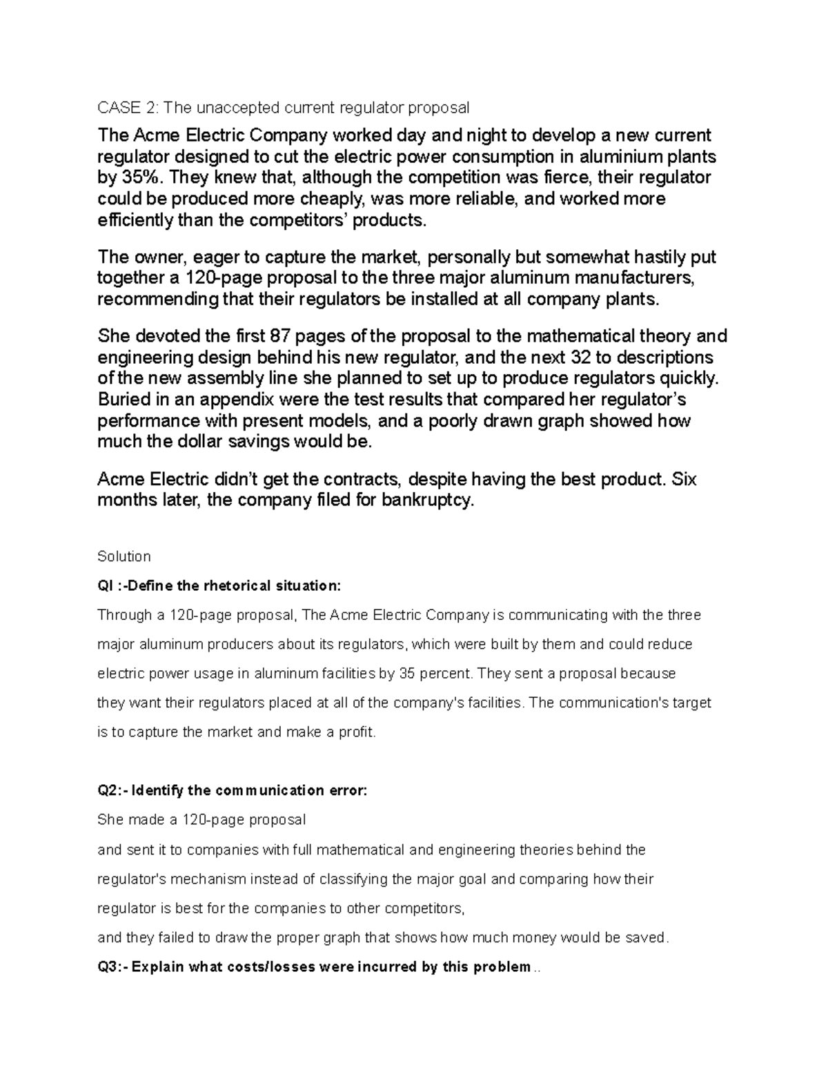 CASE 2: Analysis of Acme Electric's Regulator Proposal Failure - Studocu