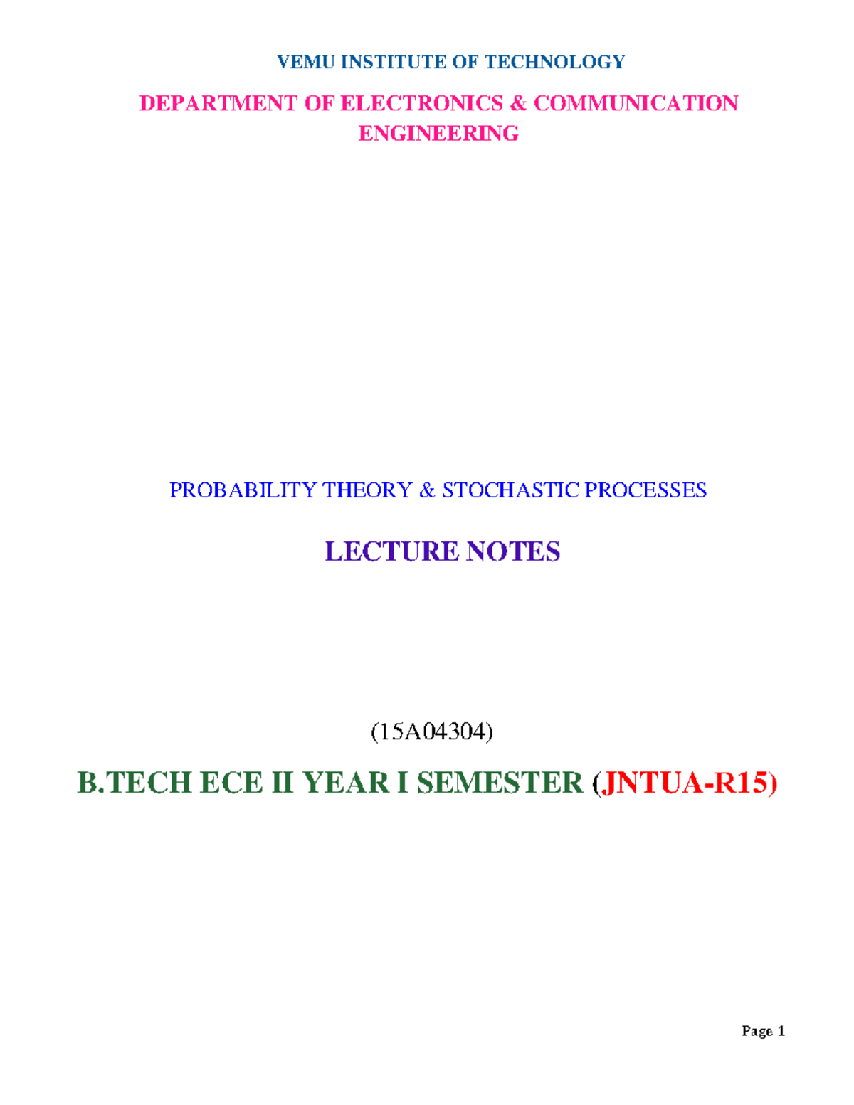 Probability Theory & Stochastic Processes Lecture Notes (15A04304 ...