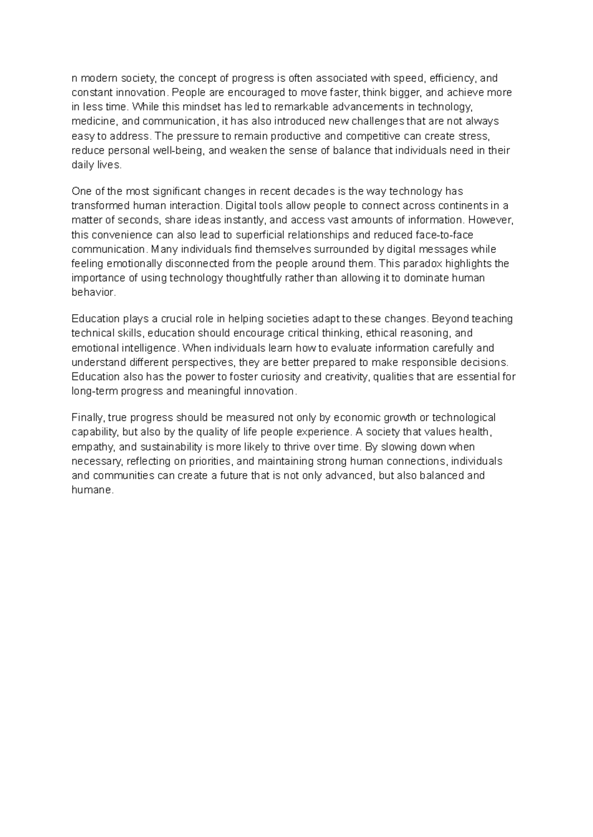 Modern Society: The Balance of Progress and Human Connection - Studocu