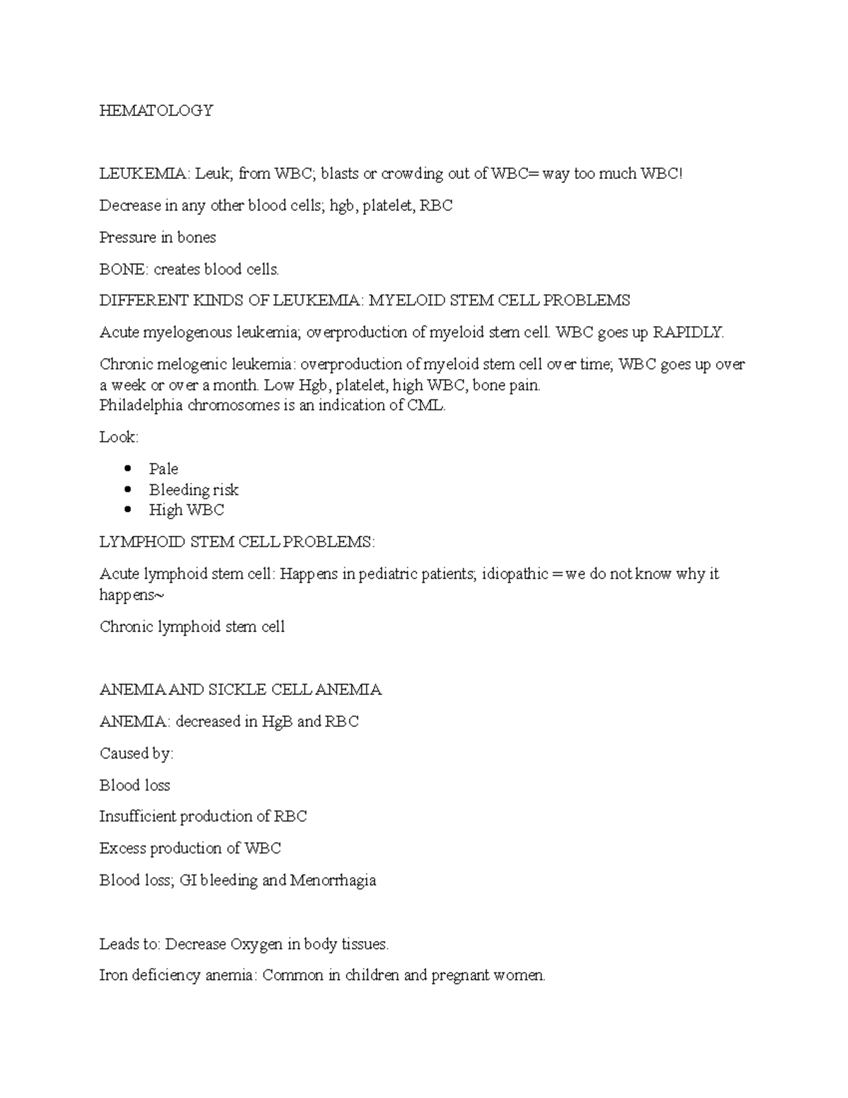 Hematology Med Surge Cheat Sheet: Focus on Leukemia and Anemia - Studocu