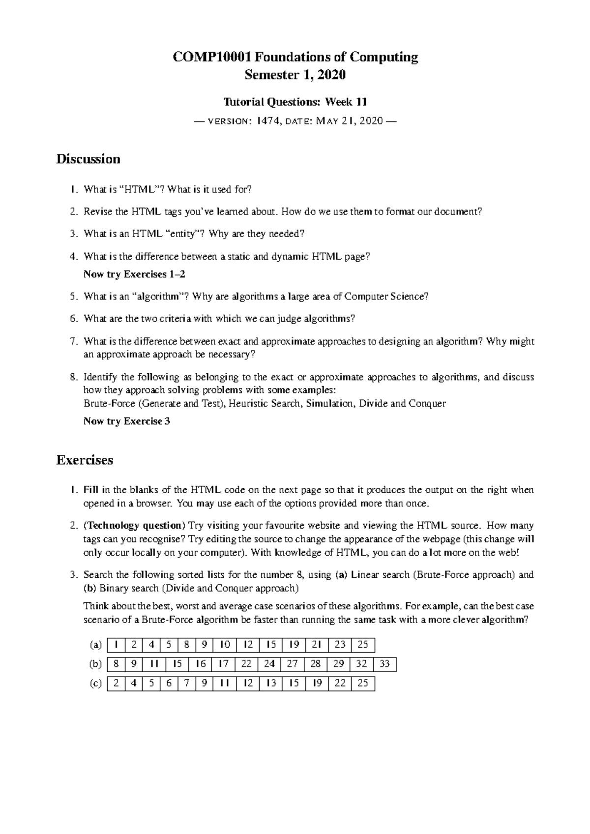Tutesheet-week11 - TUTORIAL - COMP10001 Foundations of Computing ...