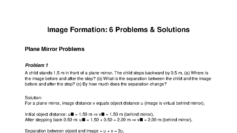 Image Formation: 6 Problems & Solutions for Plane Mirrors - Studocu