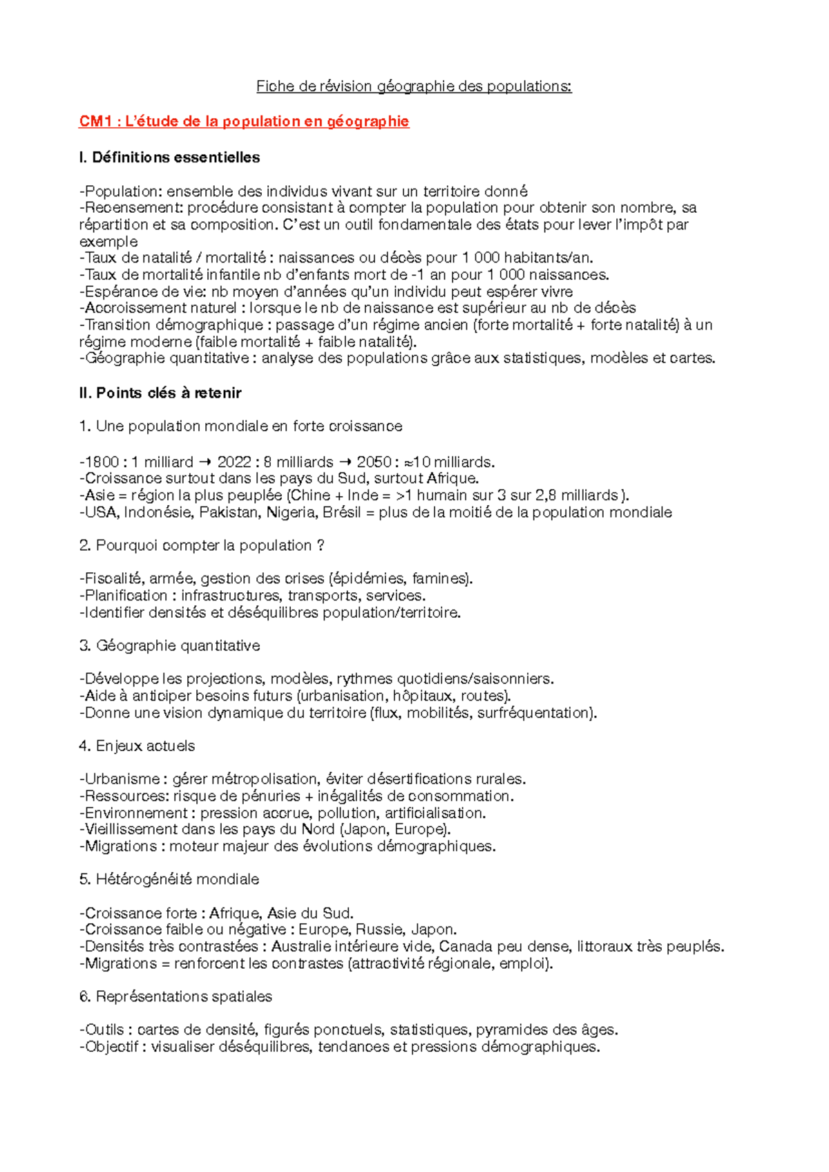 Fiche de révision CM1 : Géographie des populations et enjeux ...