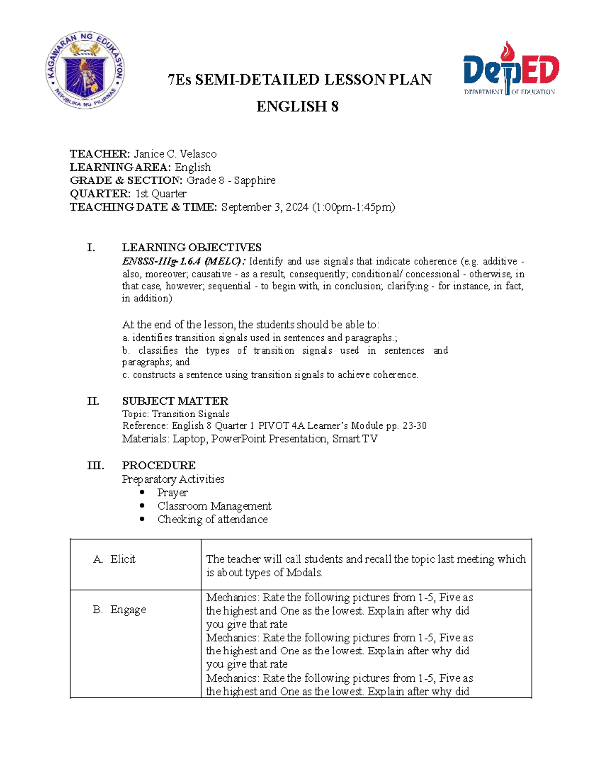 Grade 8 Lesson Plan- Second Observation - 7Es SEMI-DETAILED LESSON PLAN ...