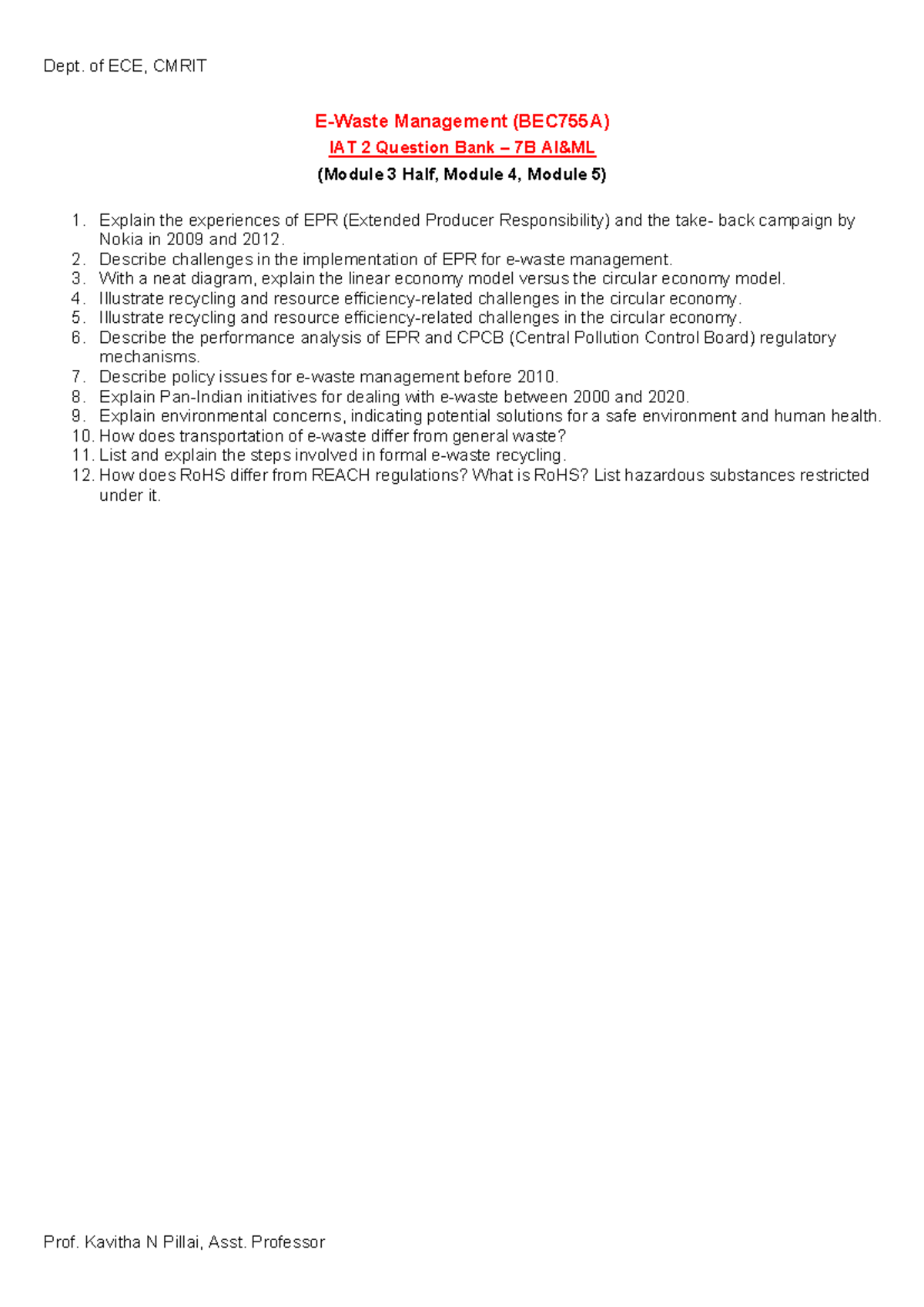 E-Waste Management (BEC755A) IAT 2 Question Bank & Insights - Studocu