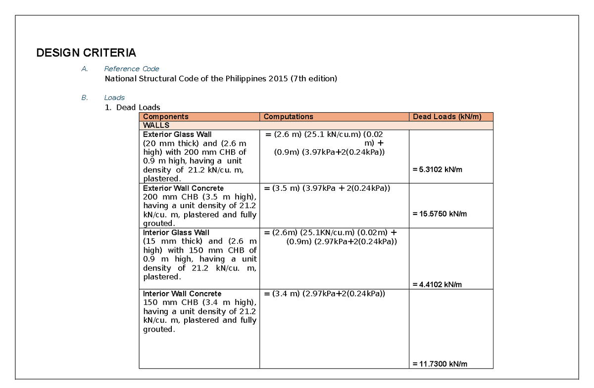 RCD Design Criteria: Structural Loads & Elements Analysis - Studocu