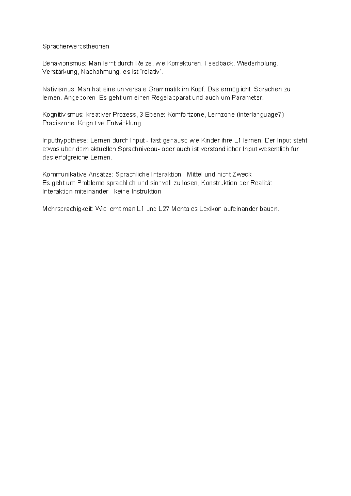 Spracherwerbstheorien: Behaviorismus, Nativismus & Kognitivismus - Studocu