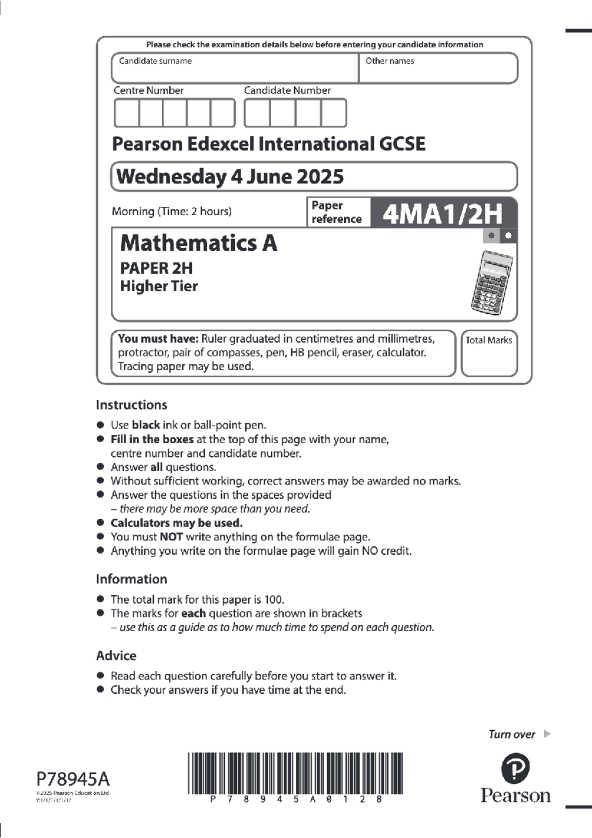 Edexcel IGCSE Mathematics A P2 Higher Tier Exam Paper - June 2025 - Studocu