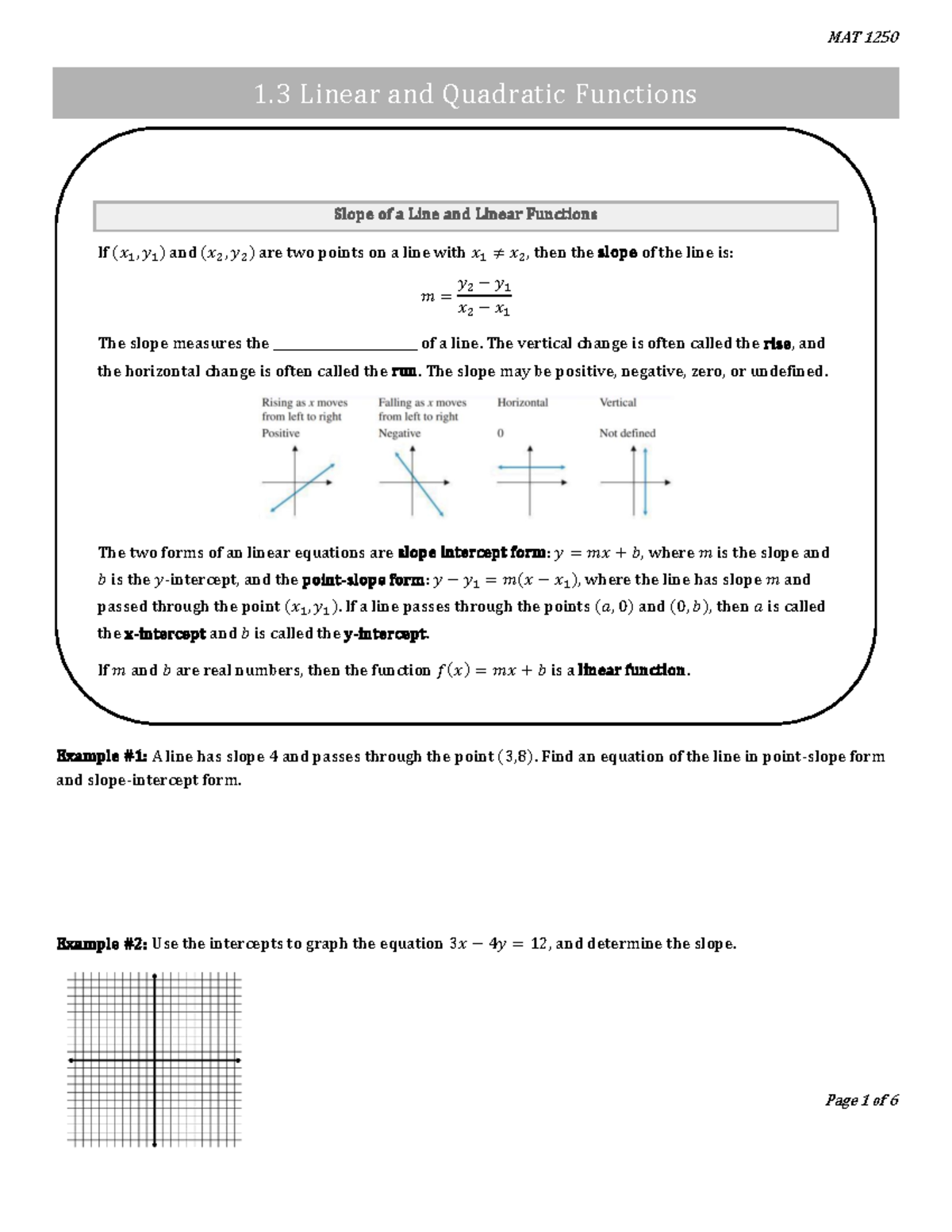 MAT 1250: Linear & Quadratic Functions with Applications - Studocu
