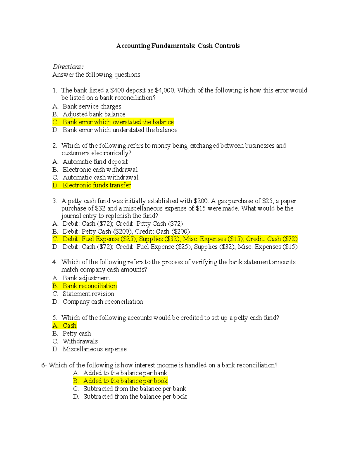 Accounting Fundamentals: Cash Controls Review Questions - Accounting ...