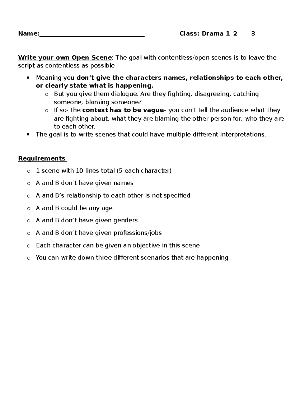 Drama 1 2 3: Open Scene Writing Workshop Guidelines - Studocu