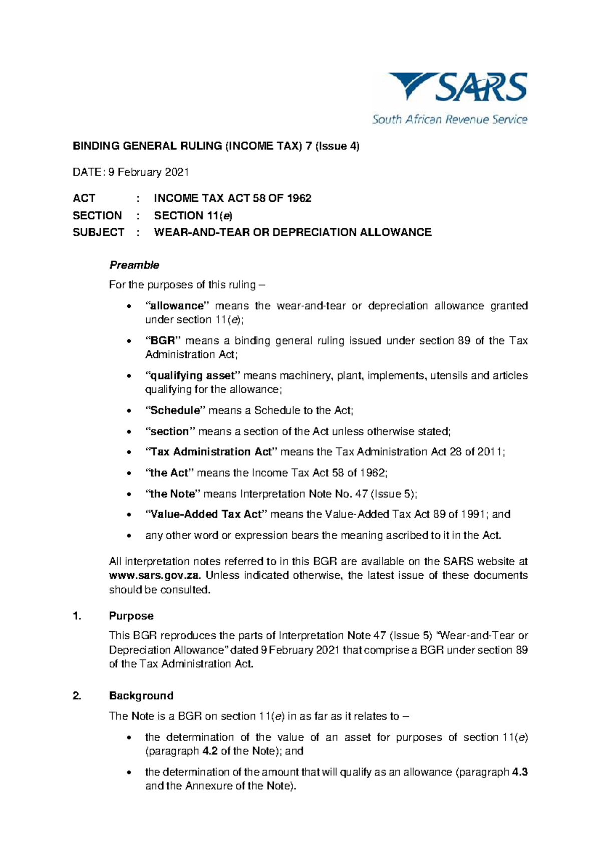 Binding General Ruling S7: Income Tax Wear-and-Tear Allowance - Studocu