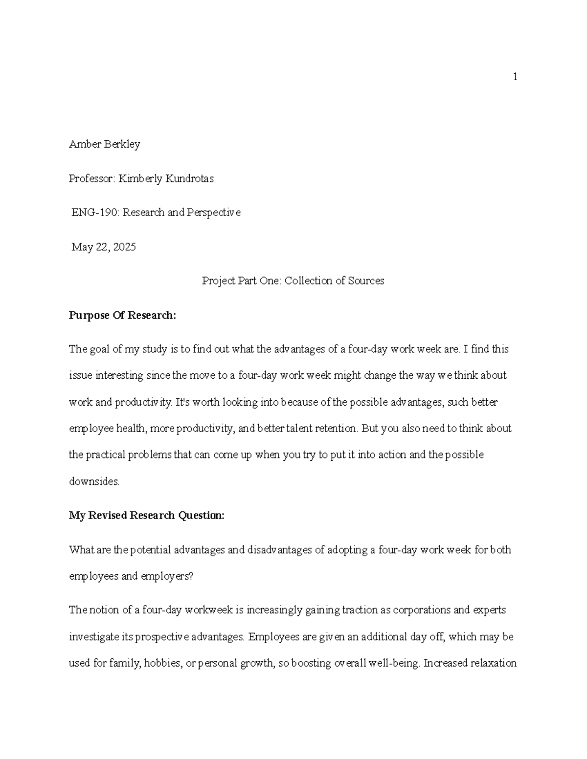 English-190 Module 3-1 Project Draft: Exploring the Work Week's Pros ...