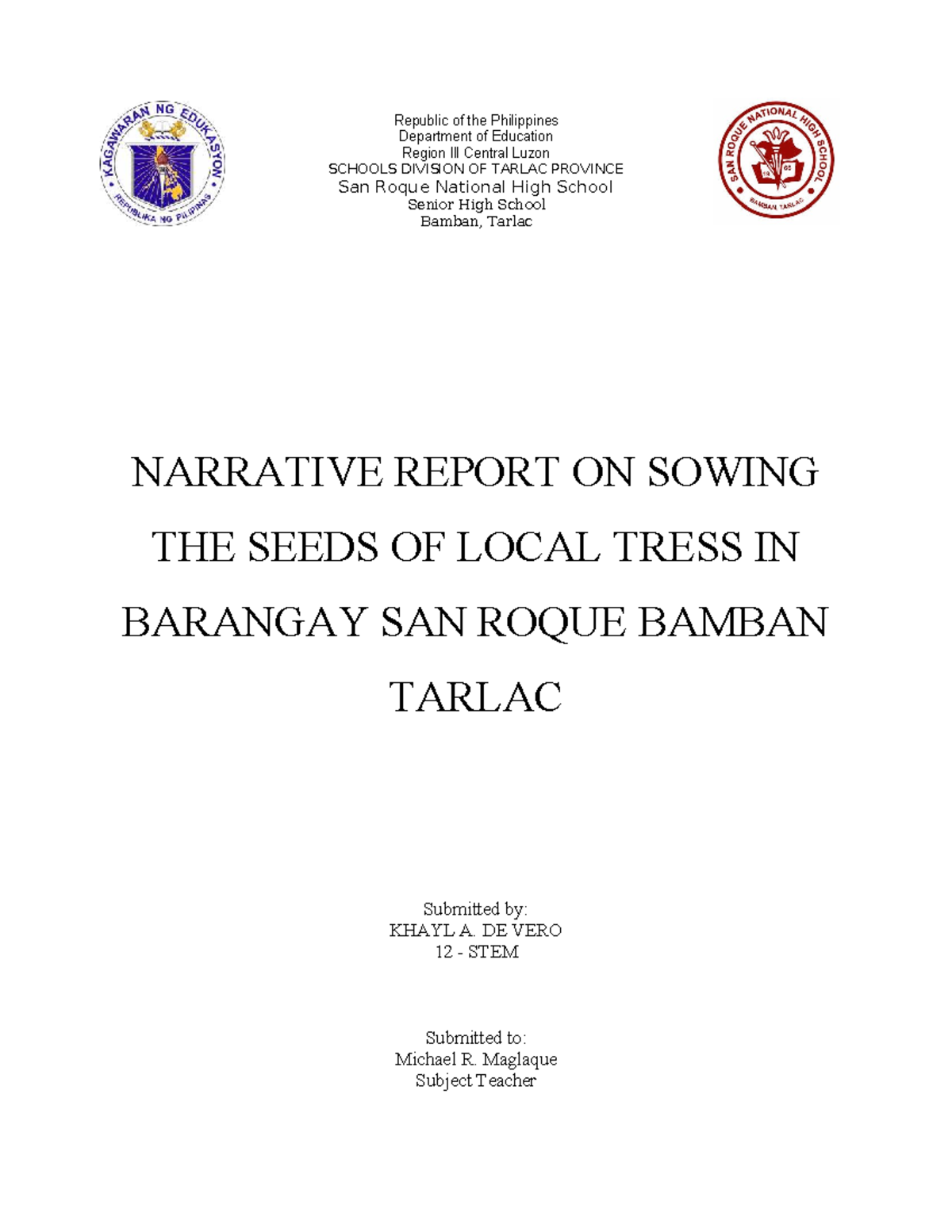 Narrative Report on Local Tree Planting Project in Barangay San Roque ...