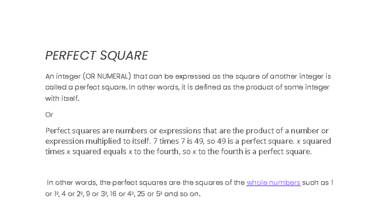 MATH 11908 Perfect Square Concepts and Examples - Studocu