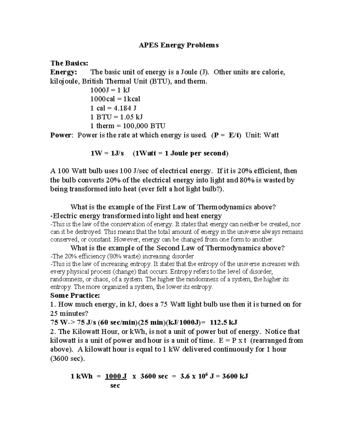 APES Energy Problems: Key Concepts and Practice Questions - Studocu