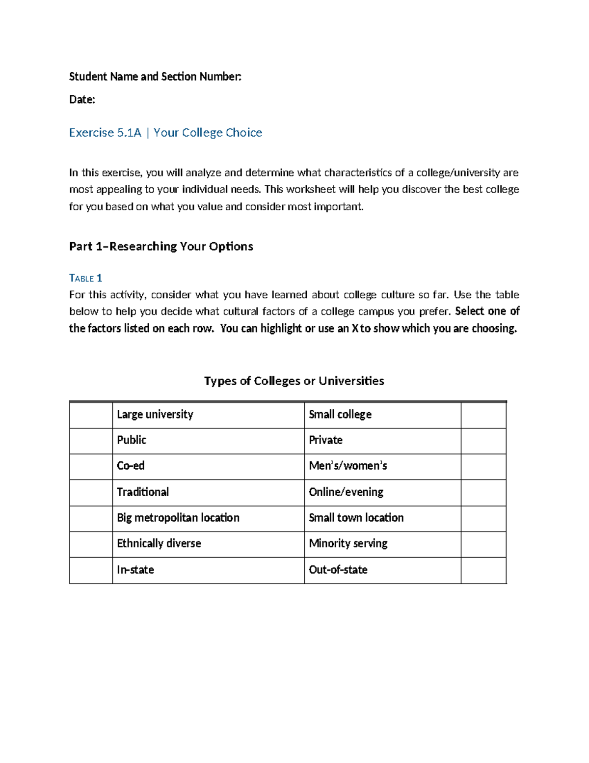 Exercise 5.1A: Analyzing Your College Preferences SP251 - Studocu