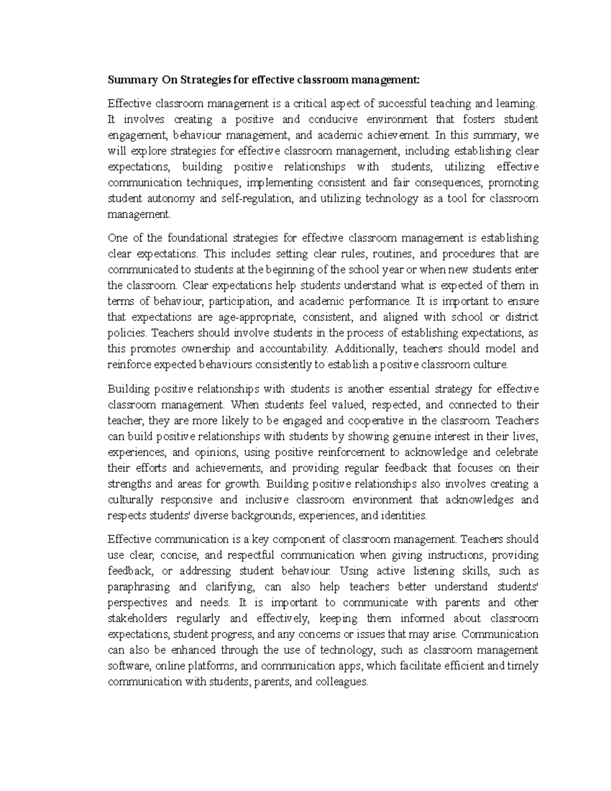 Strategies for Effective Classroom Management: A Comprehensive Summary ...