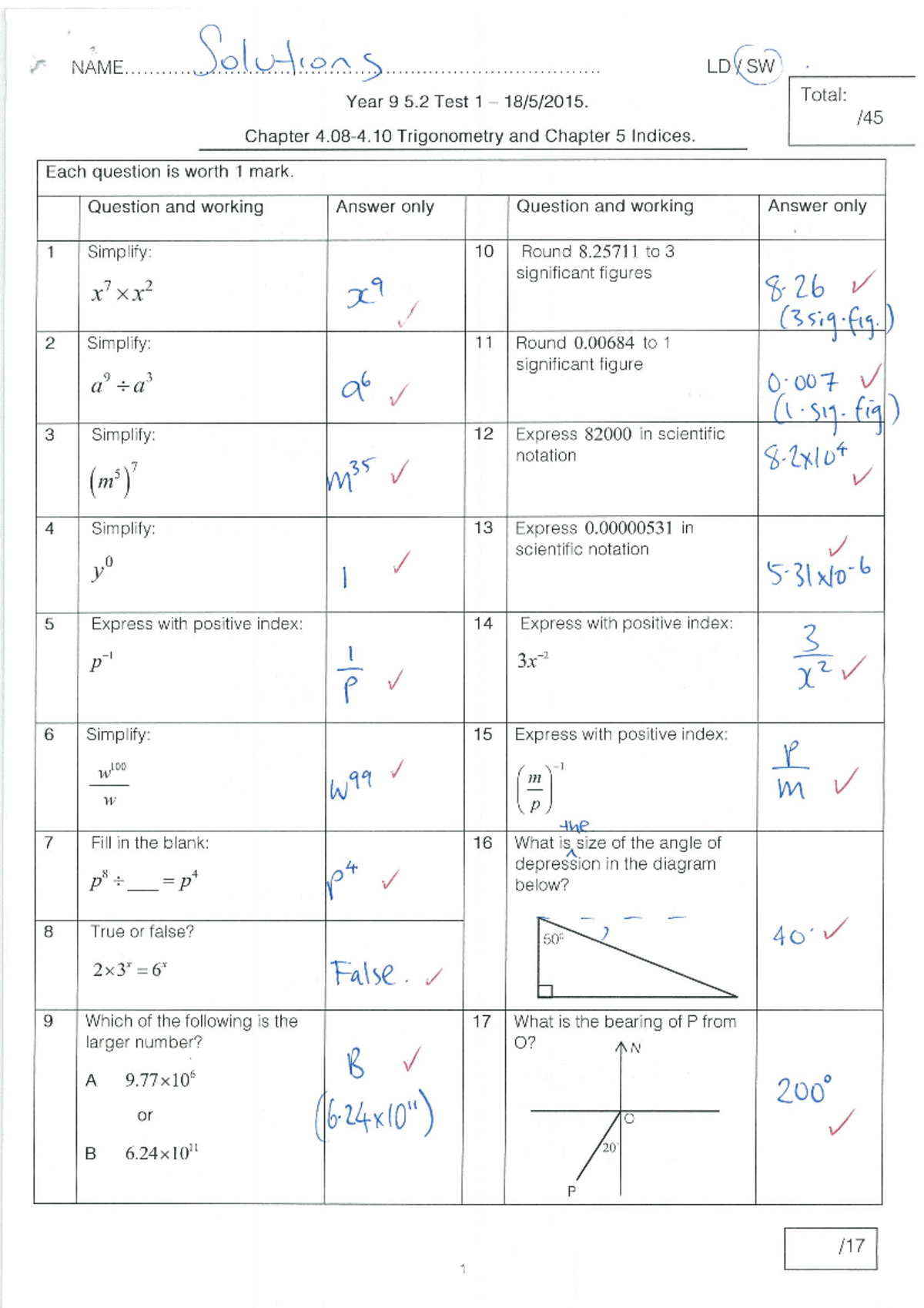 Trigonometry and Indices 2 Answers - NAME Solutions LD X SW Year 9 5 ...