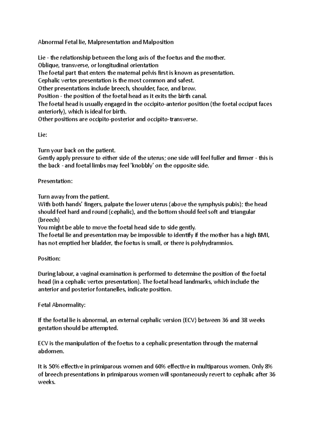 Abnormal Fetal Lie & Malpresentation: Key Insights and Management - Studocu
